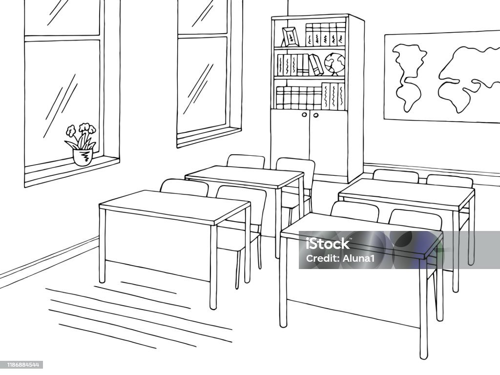 Grafik Ruang Kelas Hitam Sekolah Putih Ilustrasi Sketsa Vektor