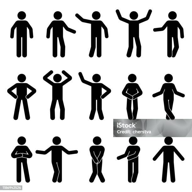 스틱 그림 남자 서 정면 보기 다른 포즈 벡터 아이콘 Pictogram 세트 흑백 컷 아웃 사람들 인간의 실루엣 에 흰색 배경