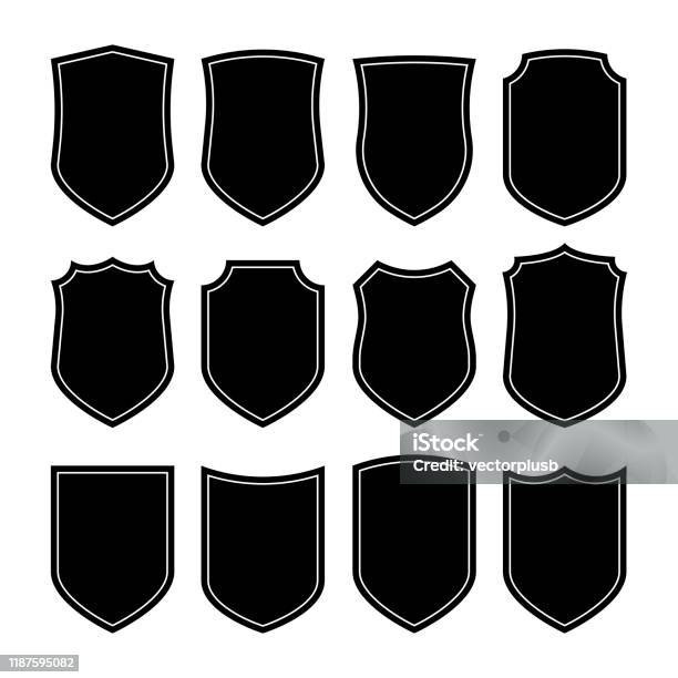 Shield Icons Set Different Black Shield Shapes On White Background