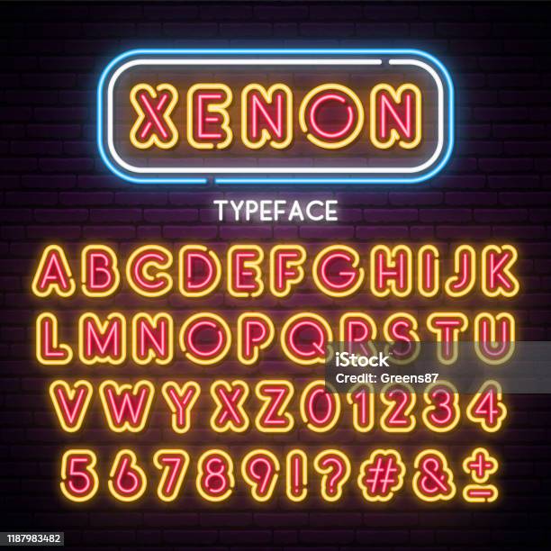 Neon Cahaya Alfabet Font Retro Vektor Ketik Huruf Angka Dan Tanda Baca
