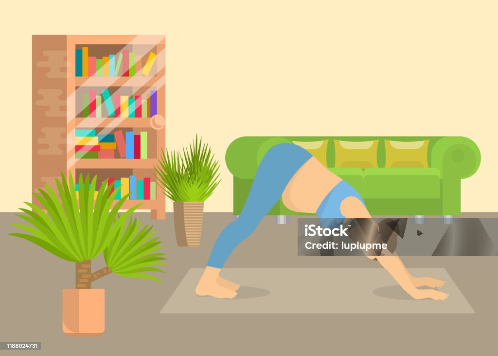 Young Woman In Yoga Posture At Home Living Room Interior Vector