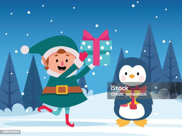 Kartun Elf Natal Dan Penguin Lucu Memegang Kotak Hadiah Ilustrasi Stok ... Kartun Elf Natal Dan Penguin Lucu Memegang Kotak Hadiah Ilustrasi Stok ...