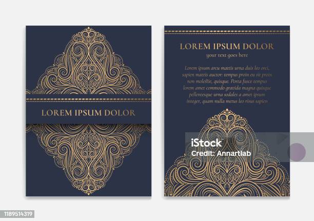 Desain Kartu Undangan Mewah Biru Tua Dan Emas Template Ornamen Vintage