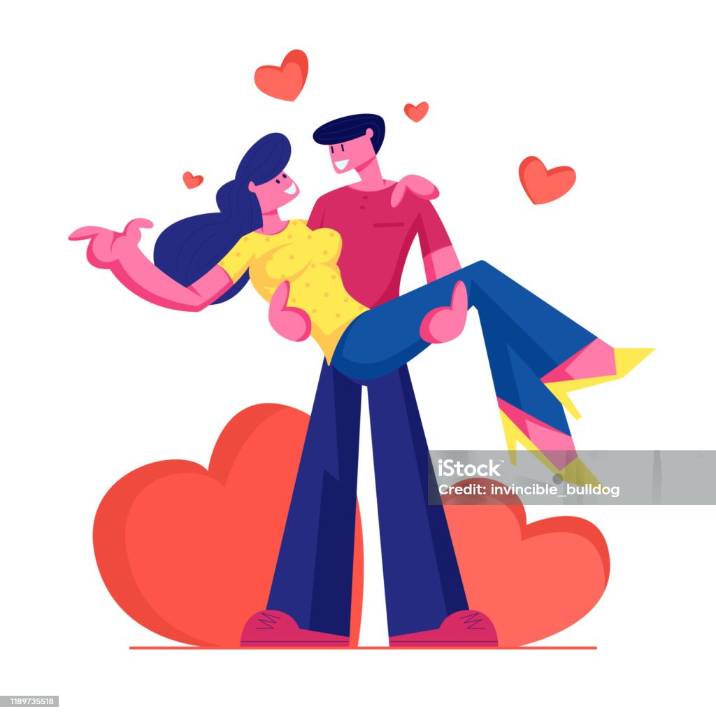 Loving Couple Romantic Relations Man Holding Woman On Hands With Red