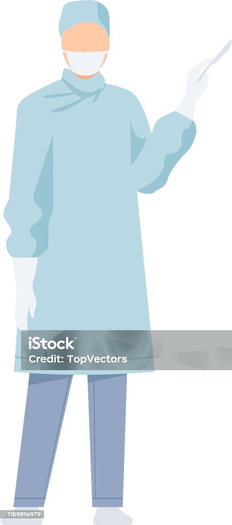 Surgeon In Blue Robe Standing With Scalpel Flat Vector Illustration