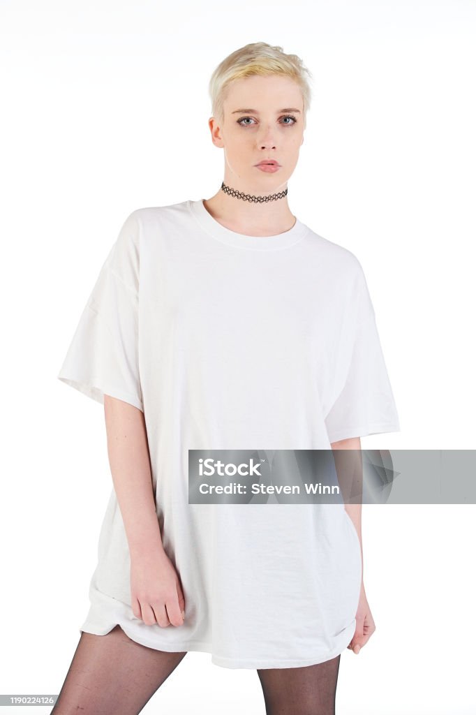 Urban Street Wear Fashion Model Wearing A Blank Oversized Tshirt Dress