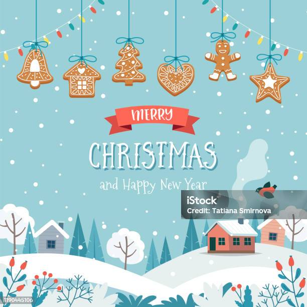 Kartu Ucapan Natal Dengan Lanskap Lucu Dan Kue Roti Jahe Gantung