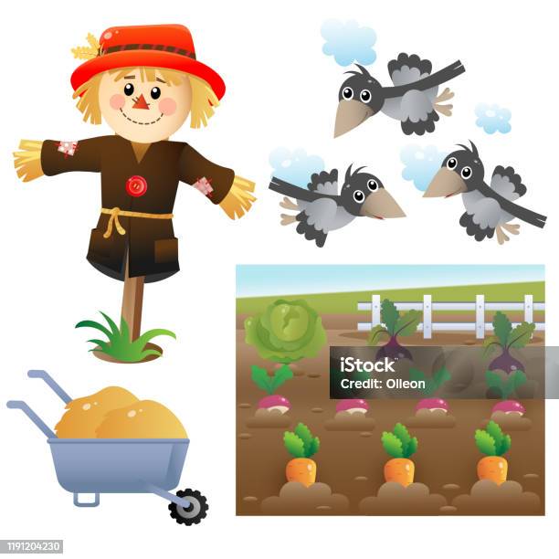 Gambar Warna Kartun Diisi Atau Orangorangan Sawah Dengan Gagak Di Latar