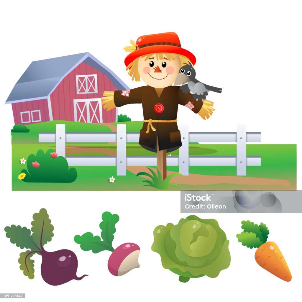Gambar Warna Kartun Diisi Atau Orangorangan Sawah Dengan Panen Di Latar