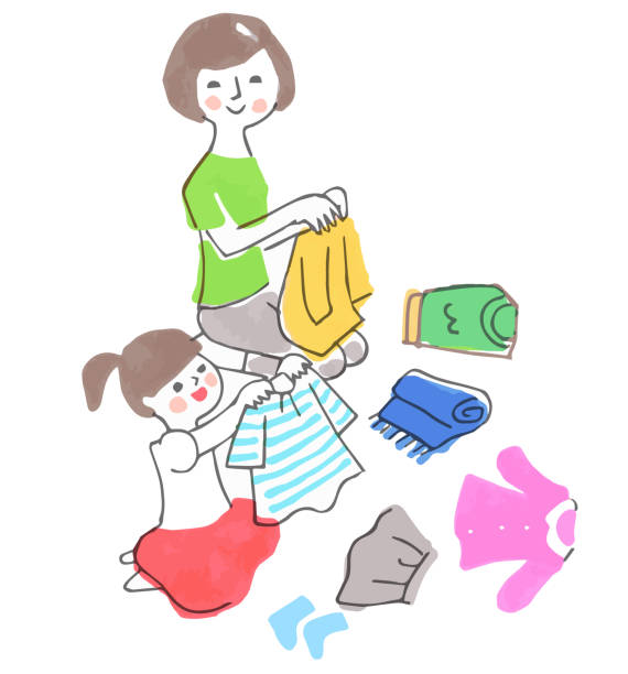 Mom And Daughter Folding Laundry Illustrations Royalty Free Vector