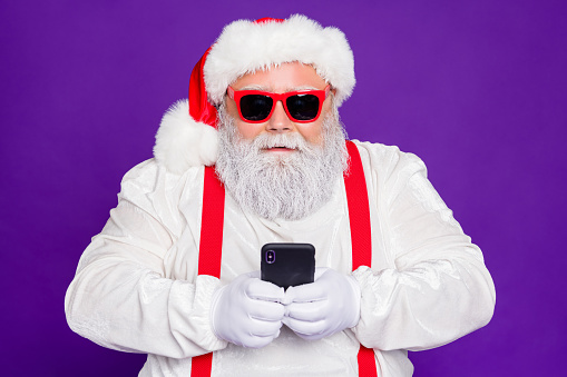 Photo Of Grey Haired Santa Father Holding Telephone Modern Technology User Checking Newyear