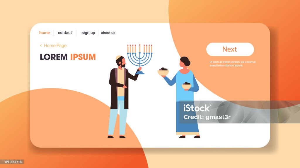 Pasangan Yahudi Memegang Menorah Wanita Pria Yahudi Dengan Pakaian Tradisional Berdiri