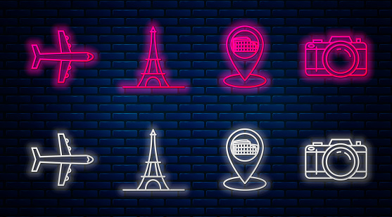 Vetores De Set Line Torre Eiffel Mapa Ponteiro Com Coliseum Em Roma