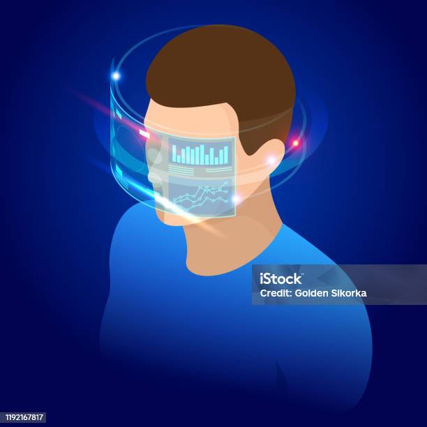 Pria Isometrik Mengenakan Headset Kacamata Dengan Antarmuka Vr Yang