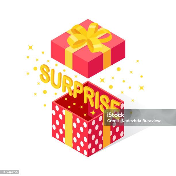 리본이 달린 선물 상자를 열었는데 리본이 흰색 배경에 고립되어 있습니다 3d 아이소메트릭 레드 패키지 색종이로 깜짝 놀랄 만한