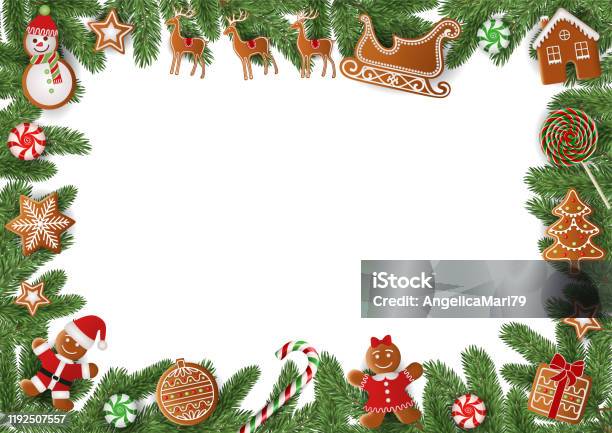 Bingkai Natal Dengan Cabang Pinus Dan Roti Jahe Ilustrasi Stok Unduh