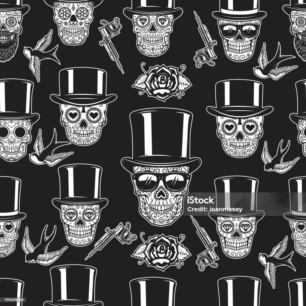 Seamless Pattern With Mexican Sugar Skulls Tattoo Machines And Roses