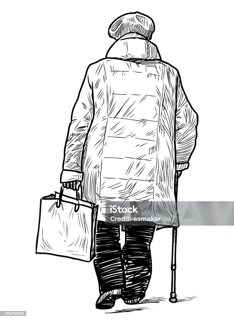 Sketch Of Elderly Townswoman With Stick And Bag Walking Along Street