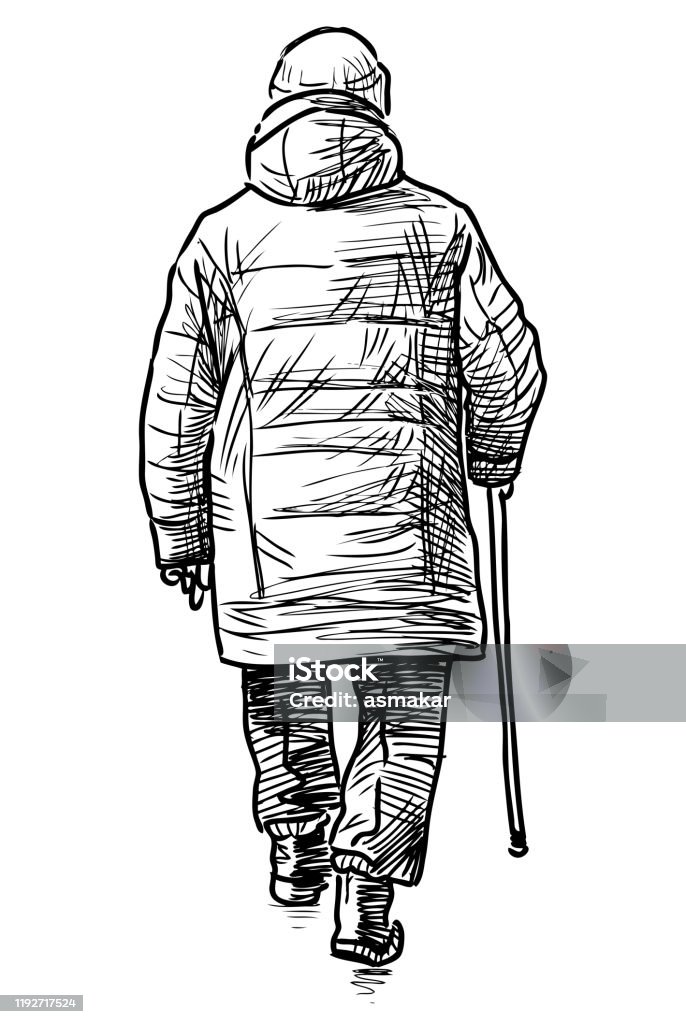 Sketch Of Elderly Woman With Stick Walking On A Stroll Stock