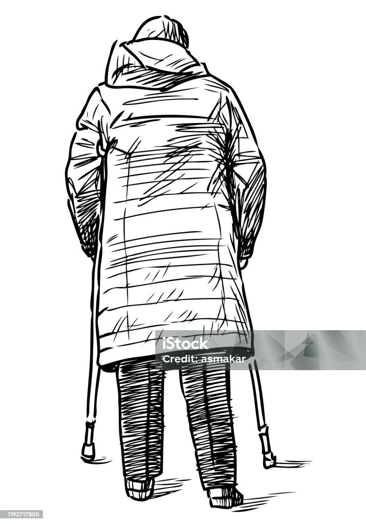 Sketch Of Old Townswoman With Sticks Going On A Stroll Stock