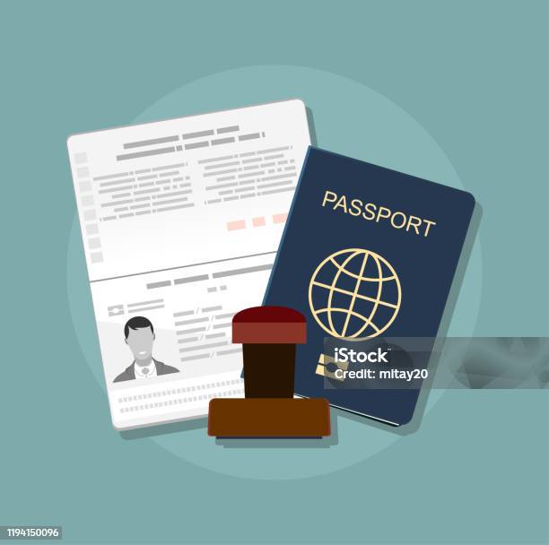 Passport With Biometric Data Identification Document And Stamp Flat