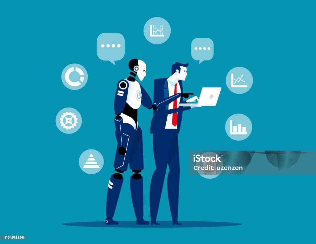 Robot Et Humain Travaillant Au Bureau Illustration Vectorielle De