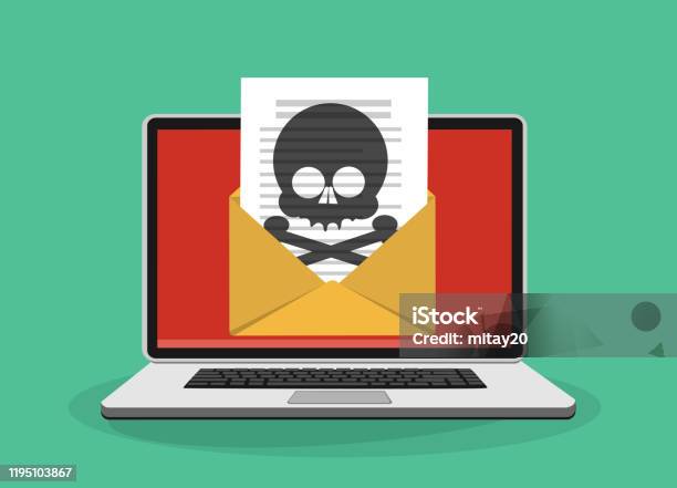 Laptop Dengan Amplop Terbuka Dan Tengkorak Di Layar Konsep Virus