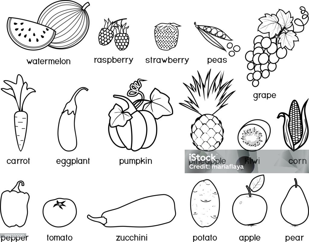 Ilustración De Página Para Colorear Gran Conjunto De Diferentes Frutas