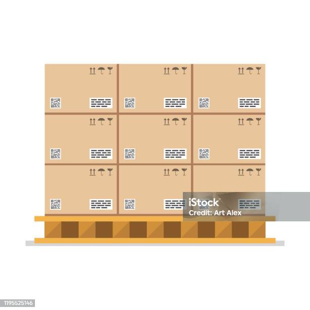 Boîtes En Carton Avec Signes Fragiles Et Codebarres Sur Palette Boisée
