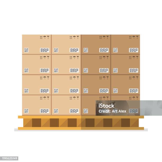 Boîtes En Carton Avec Signes Fragiles Et Codebarres Sur Palette Boisée