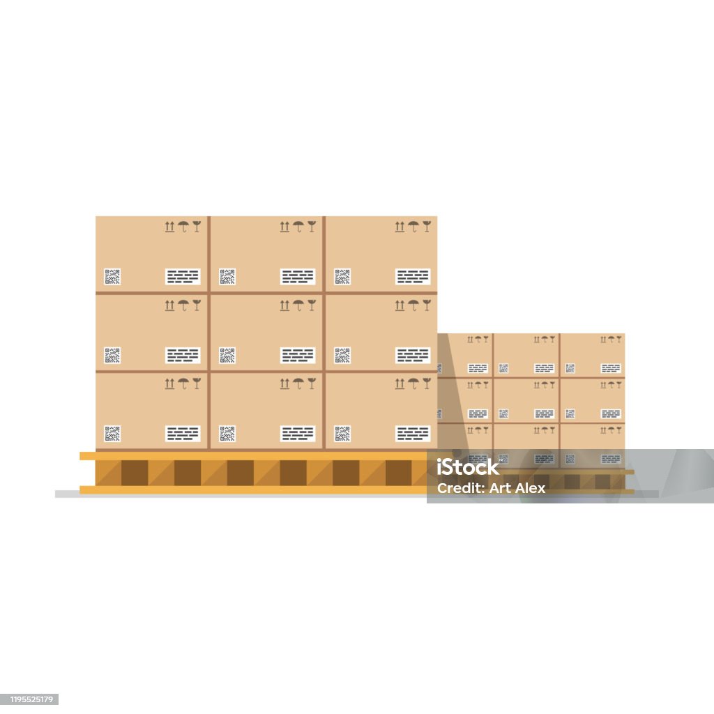 Boîtes En Carton Avec Signes Fragiles Et Codebarres Sur Palette Boisée