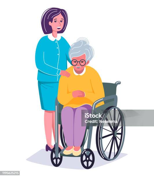 Vieille Femme De Sourire Sasseyant Dans Le Fauteuil Roulant Et Une