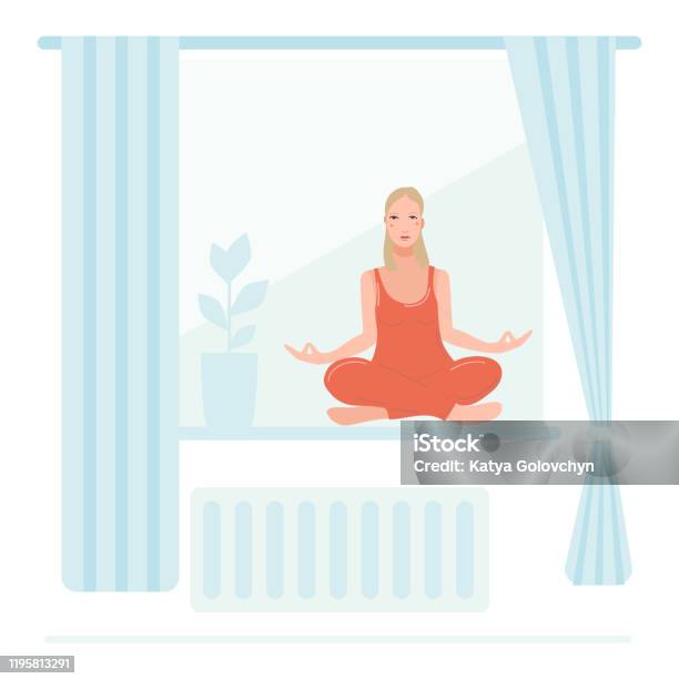 Jeune Jolie Femme Sasseyant Sur La Fenêtre Dans Sa Chambre Exécutant Lexercice De Yoga Vecteurs