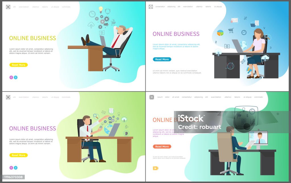Set Of Sitting Worker At Table With Laptop Vector Stock Illustration Download Image Now