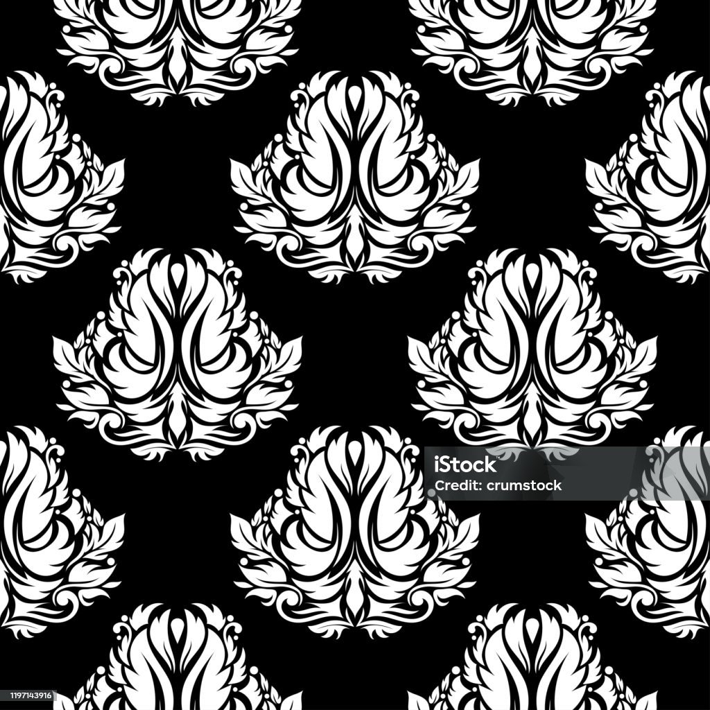 Floral Seamless Pattern White Design On Black Background Stock