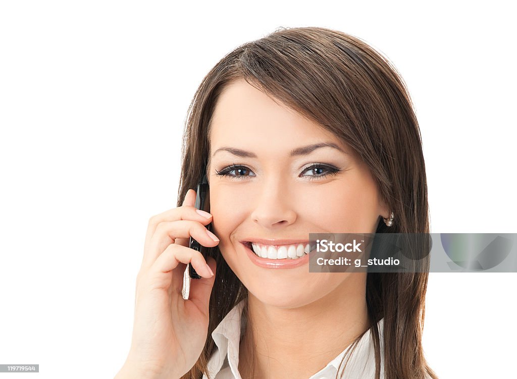 Happy Smiling Successful Businesswoman With Cell Phone Isolated On