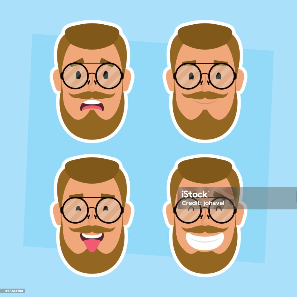 Group Of Man Faces With Beard And Glasses Stock Illustration Download