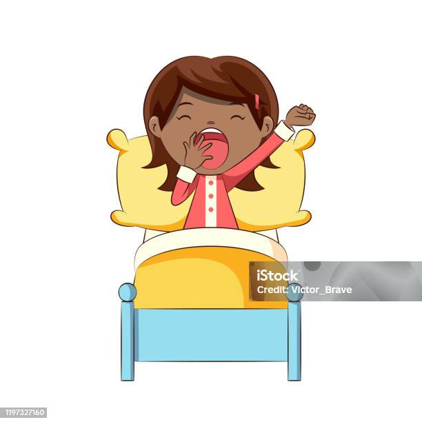Ilustración De Niña Bostezando En La Cama Niño Lindo Estirando Y Más