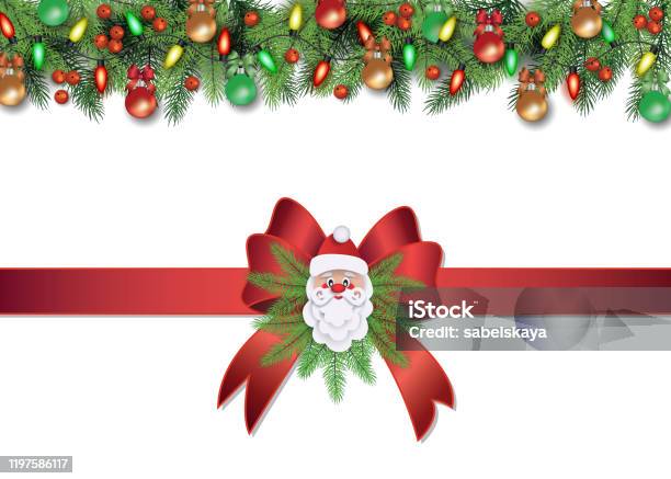 Set Dekorasi Natal Pita Merah Dengan Santa Dan Perbatasan Cabang Pohon ... Set Dekorasi Natal Pita Merah Dengan Santa Dan Perbatasan Cabang Pohon ...