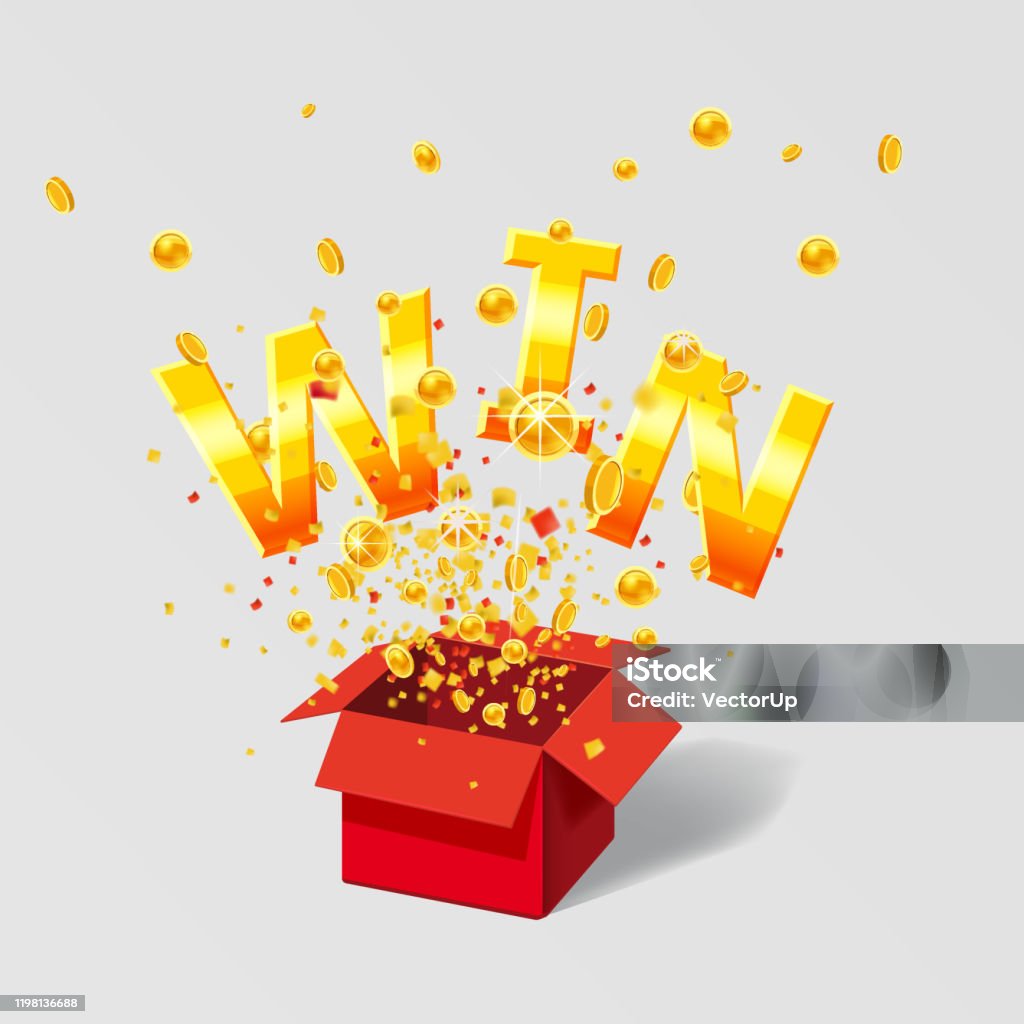 Kotak Hadiah Merah Terbuka Win Teks Emas Dengan Koin Dan Ledakan ... Kotak Hadiah Merah Terbuka Win Teks Emas Dengan Koin Dan Ledakan ...
