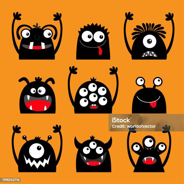Ensemble Dicône De Tête De Tête De Silhouette Noire De Monstre Yeux
