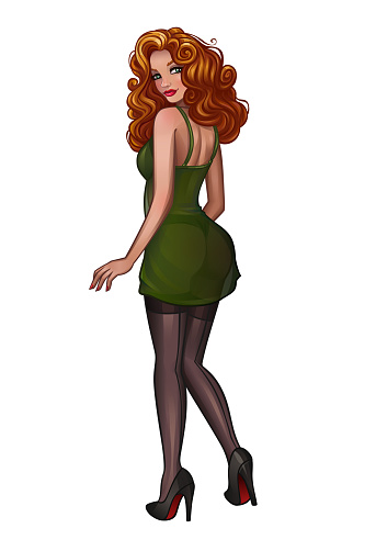Beautiful Redhead Pinup Girl In Green Dress Stock Illustration Download Image Now Adult
