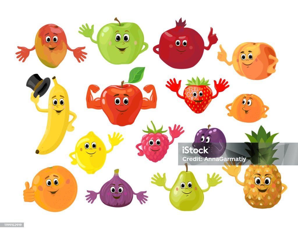 Buah Kartun Dan Buah Beri Ilustrasi Stok Unduh Gambar Sekarang Kartun Apel Jeruk Manis