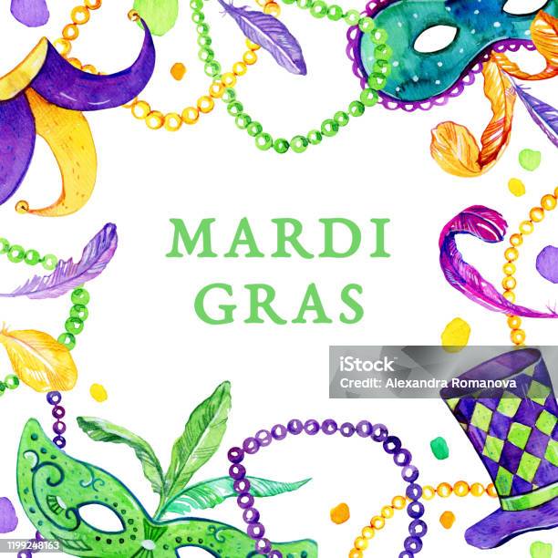 Mardi Gras Template Desain Bingkai Persegi Panjang Ilustrasi Cat Air