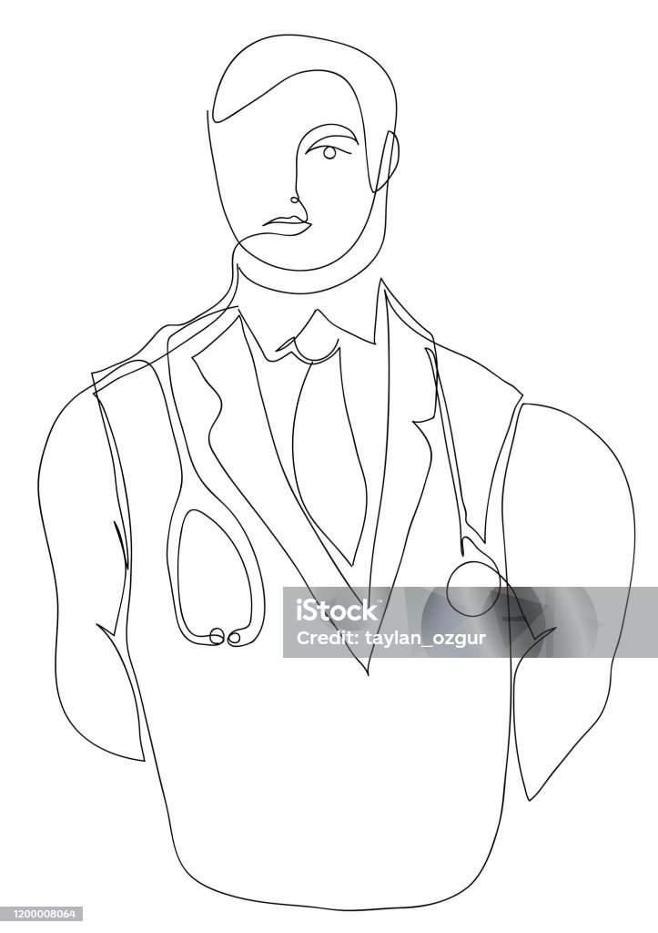 Gambar Seni Garis Sederhana Dokter Terisolasi Di Atas Putih Ilustrasi