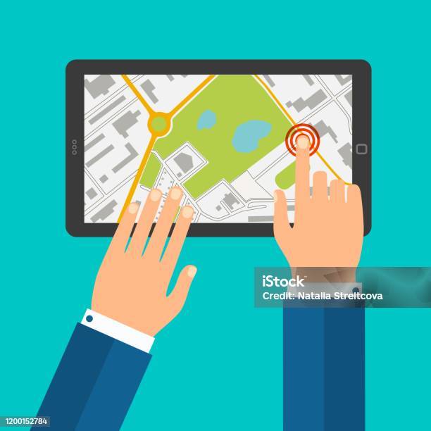 Les Mains Touchent Lécran Pour Indiquer Ladresse Sur La Carte