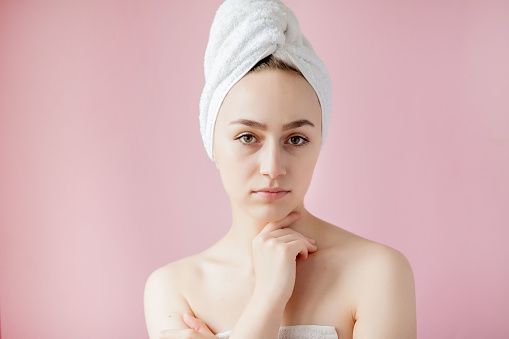 Beautiful Young Woman After Shower With Towel On Pink Background Stock