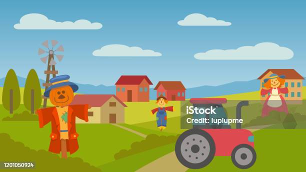 Kartun Lucu Orangorangan Sawah Pada Ilustrasi Vektor Pertanian Ladang