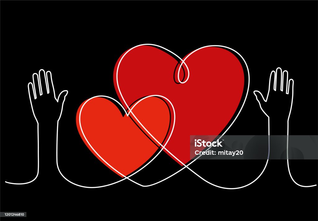 Hands And Hearts Raised Hands Volunteering Concept Continuous One Line
