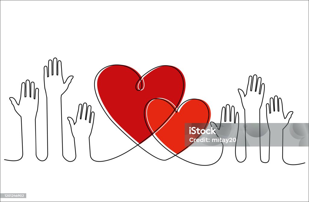 Hands And Hearts Raised Hands Volunteering Concept Continuous One Line